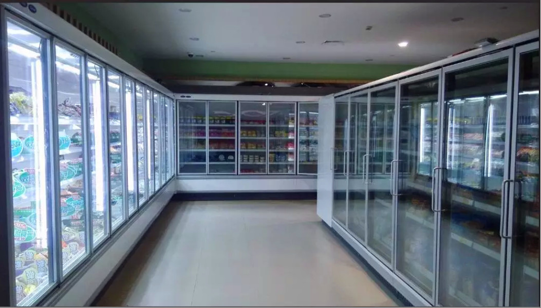 Glass door commercial supermarket walk in cooler beverage milk display ...